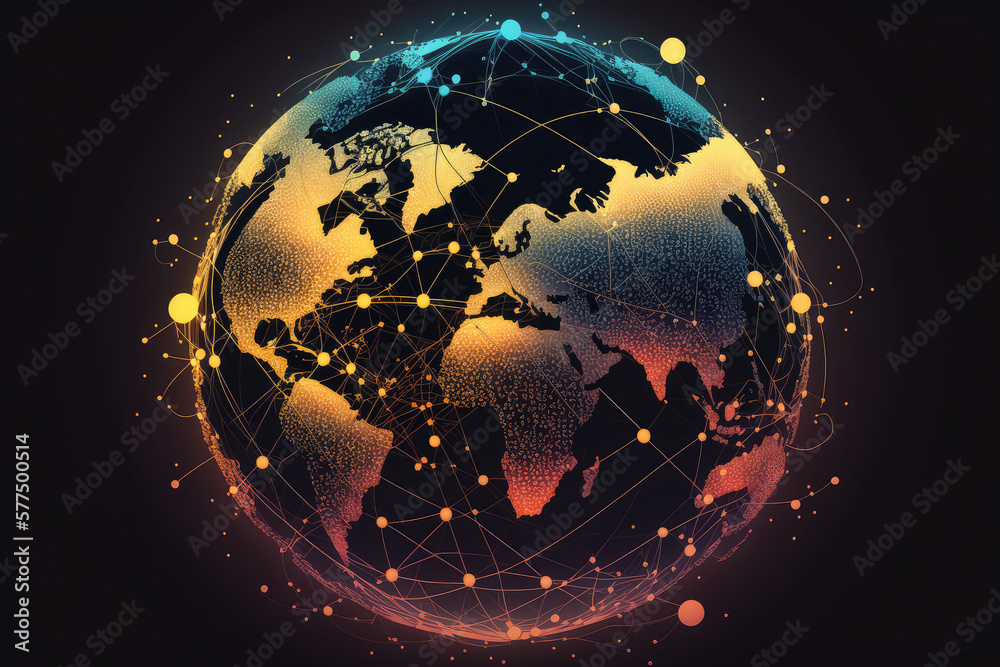 Global Technology Network Digital Globe with Nodes and Glowing Lines Connecting Different Cities ...