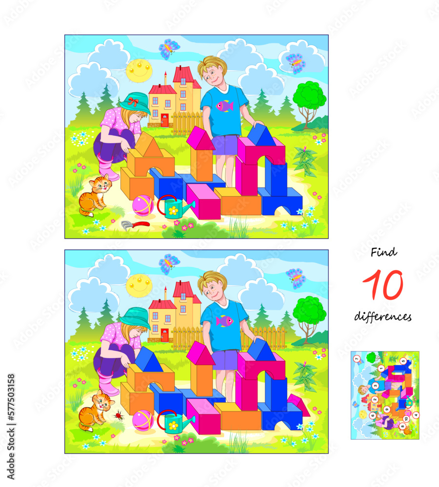 Find 10 differences. Illustration of boy and girl playing in the garden ...
