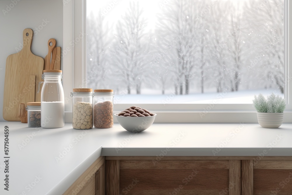 kitchen interior background with counter or table. Decoration top ...