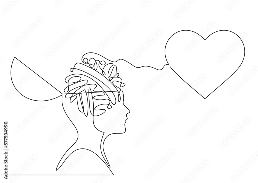 Continuous one line drawing of human head with a hearts. Vector ...