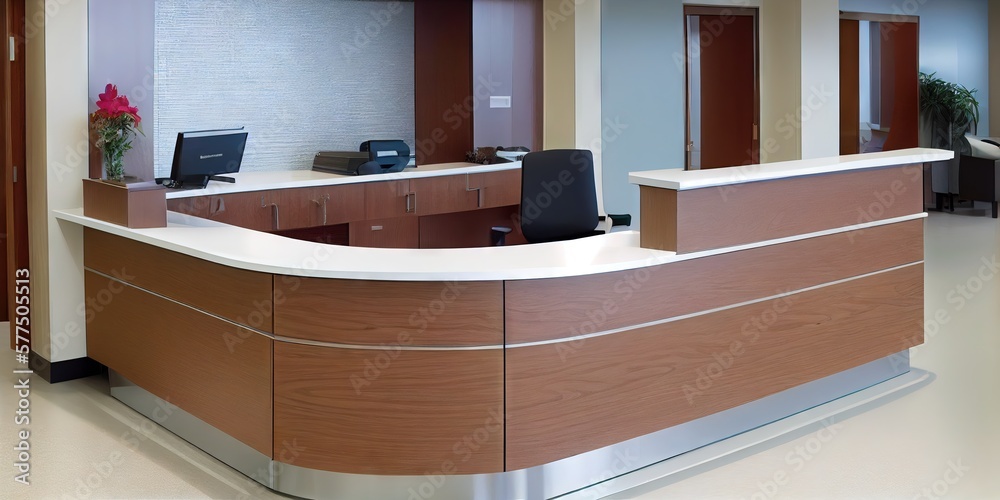 Modern office lobby and reception area with reception desk and ...