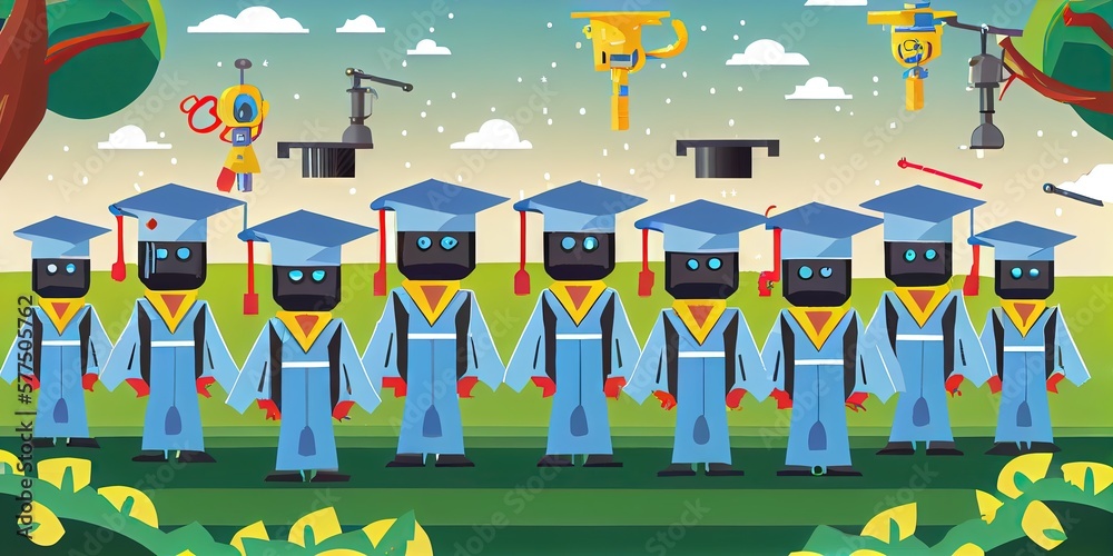 Graduation day--a crowd of robots graduating with caps and gowns during ...