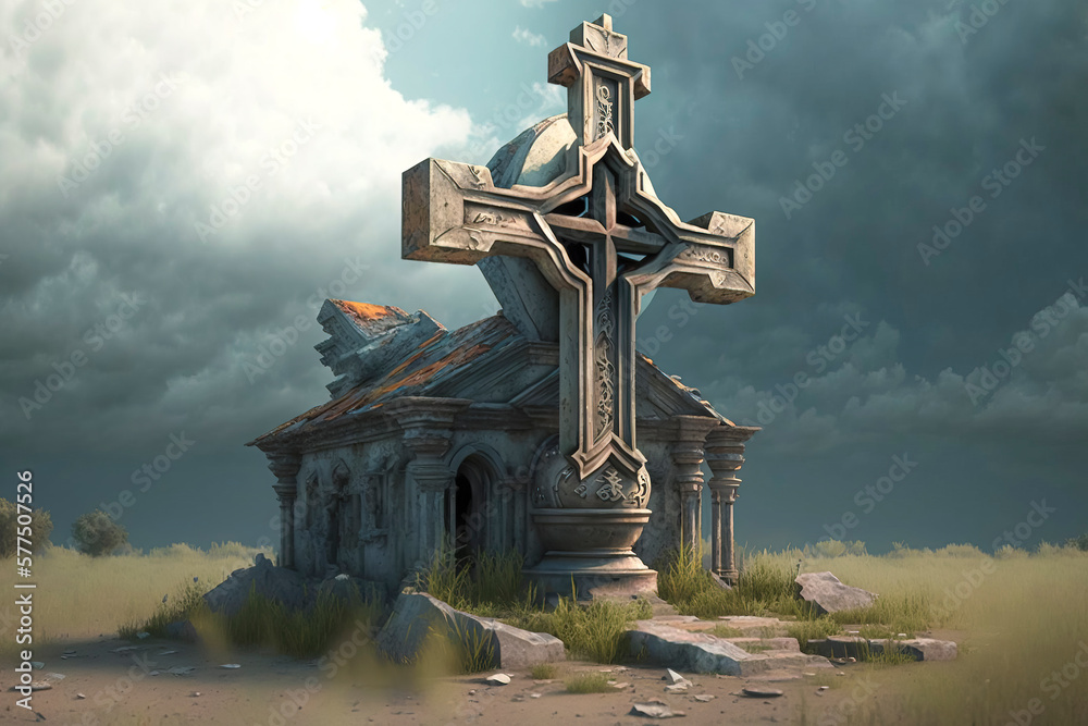 christian mausoleum with big cross, landscape or religious image with ...