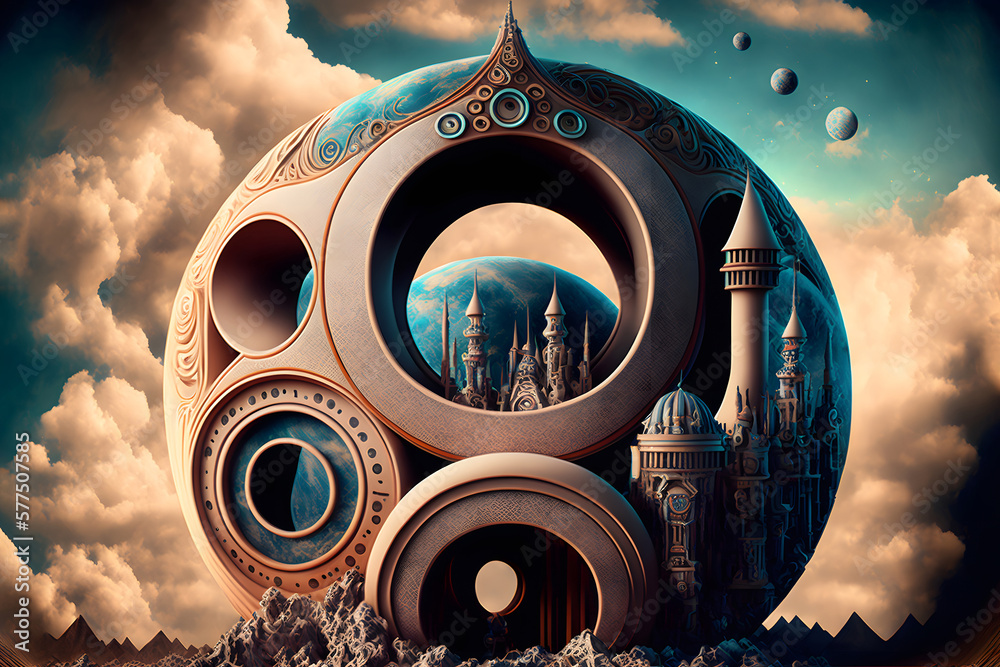 surreal fantastic sphere with holes and castles on the background of ...