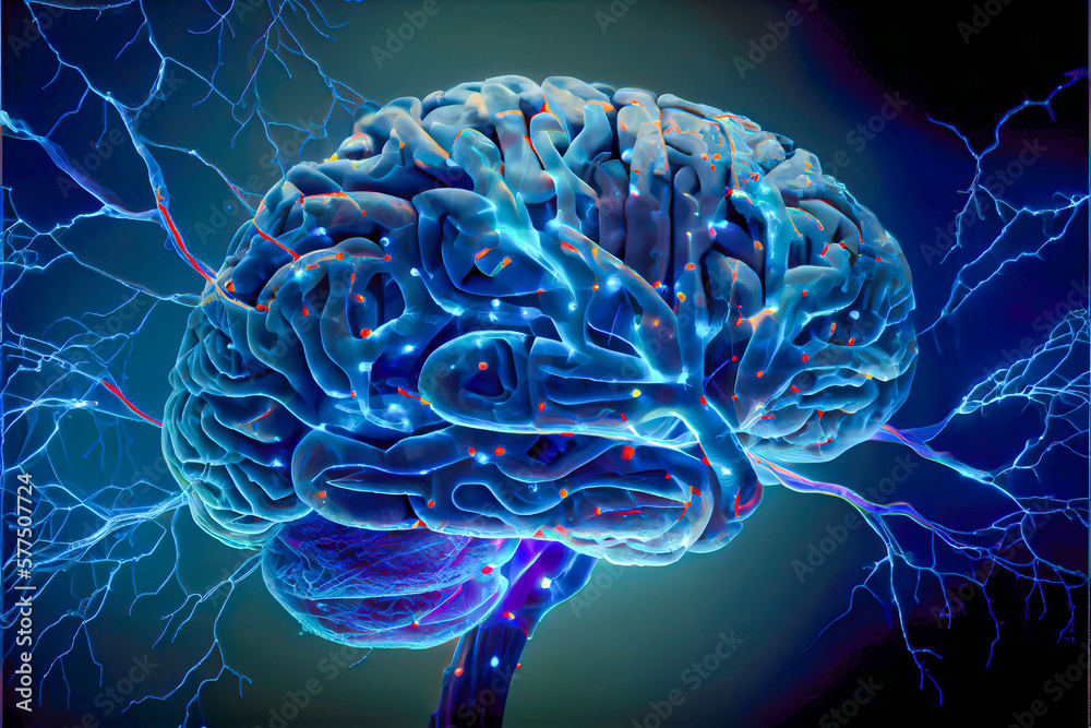 brain neuron neural communication and technology concept, brain in blue ...