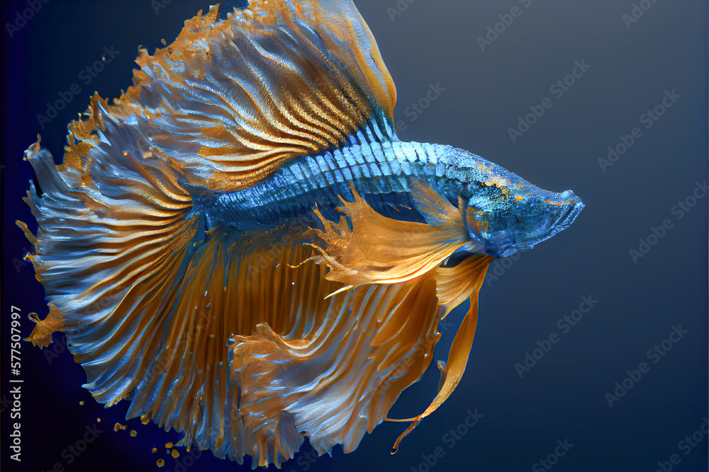 beautiful betta fish with long tail in turquoise blue colors on a black ...