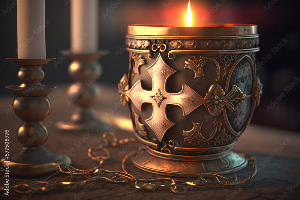 holy grail, bronze and gold cup with christian and religious cross on ...