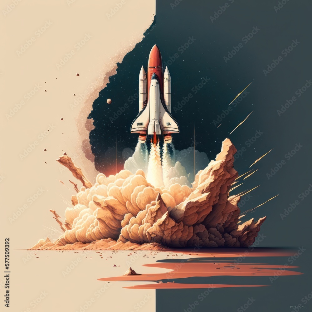 Illustration of space launch rocket. Fire and smoke at combustion of ...