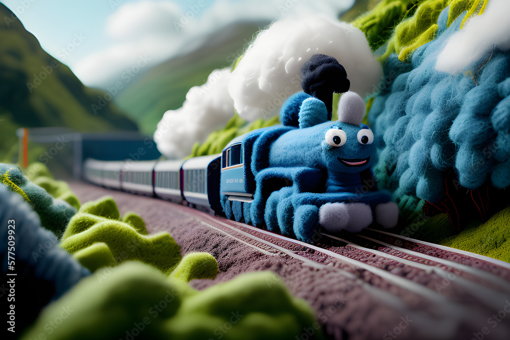 A wool train passes the middle of mountains and landscapes made of wool ...