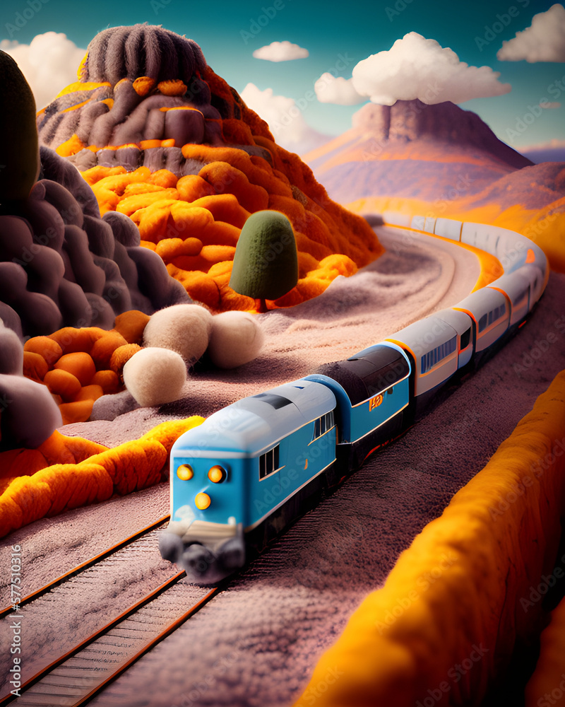 A wool train passes the middle of mountains and landscapes made of wool ...