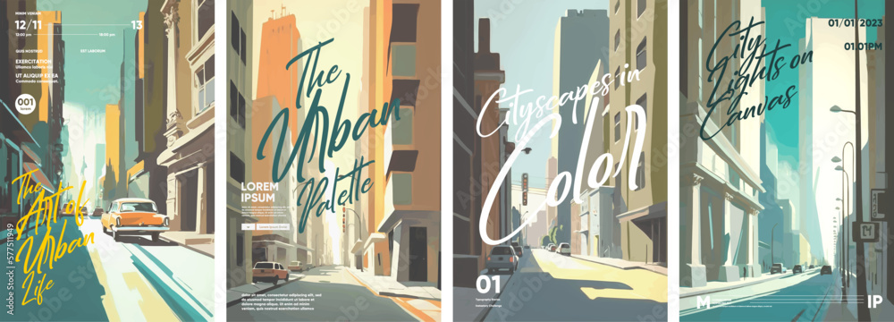 Urban landscapes. Set of vector illustrations. Typographic poster ...