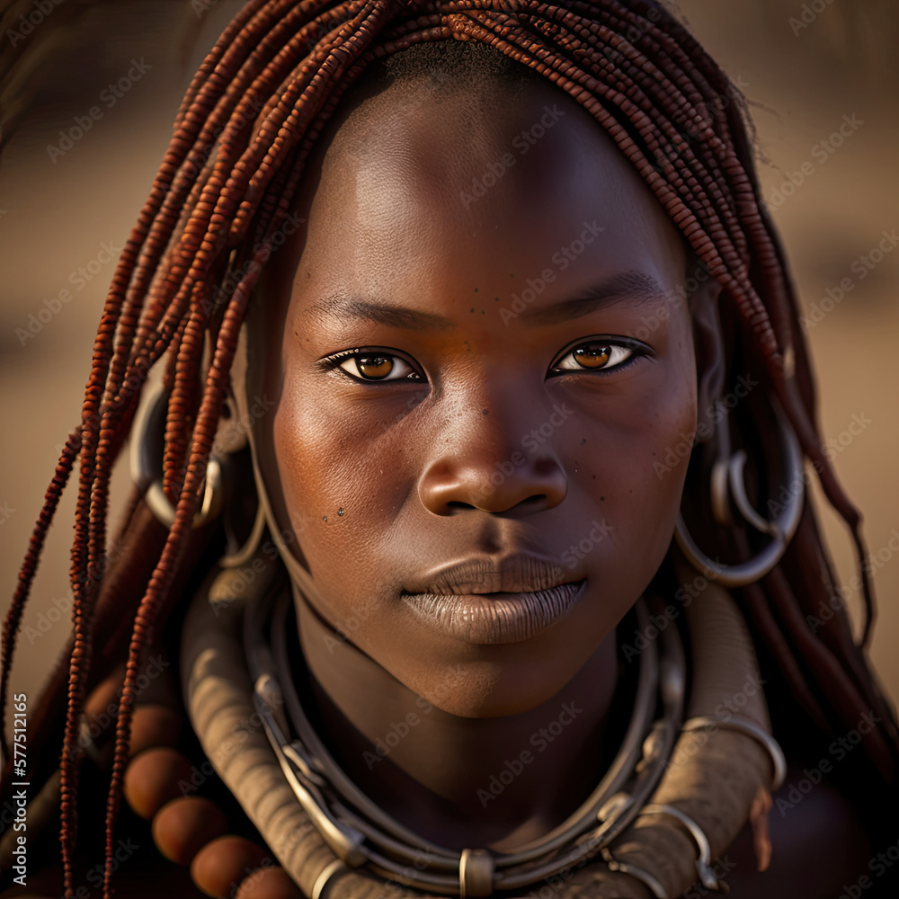 Portrait, namibian woman from Himba tribe, dressed with traditional ...