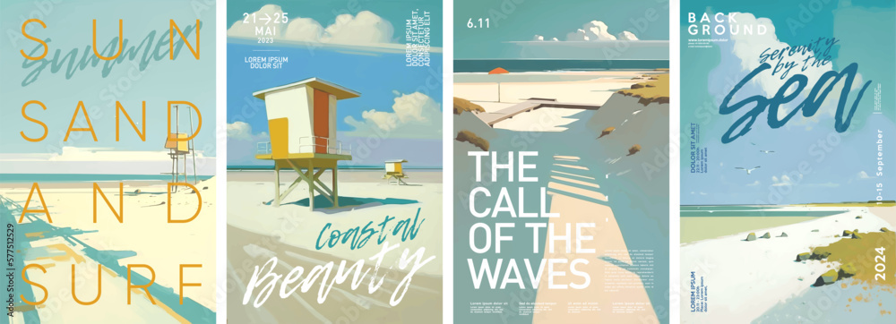 Summer. Beach. landscape. Set of vector illustrations. Typographic ...