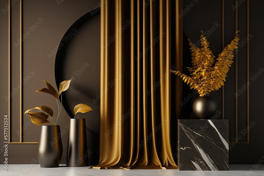 Living room, dark gold interior wall mock up with marble floor and vases, black satin drapes ...