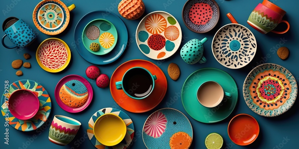 collection of brightly colored and patterned ceramics arranged in a ...