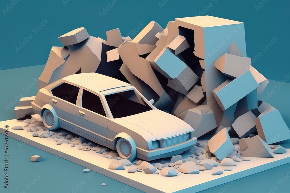 Car crushed under collapsed building, shattered windows, cracked ...