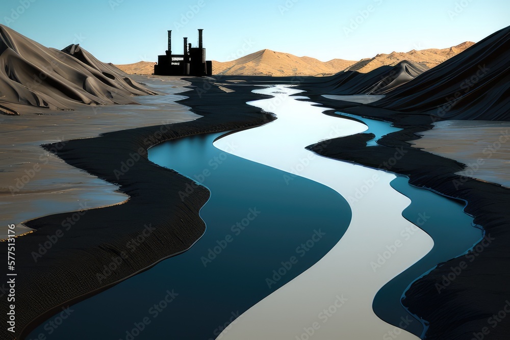 Toxic River: shot of river running through an industrial area, with ...