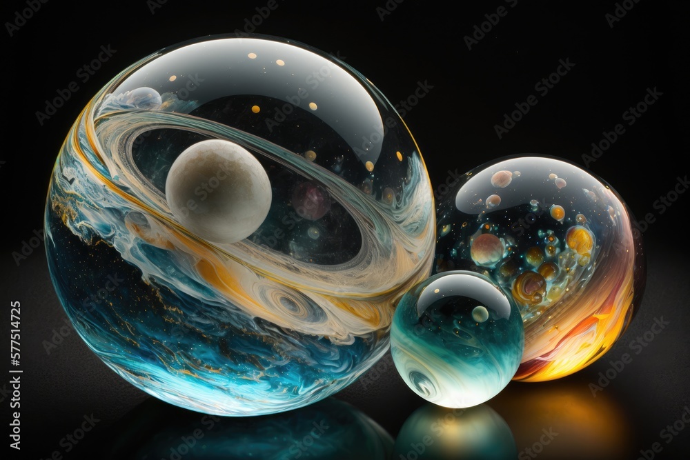 Shiny reflective marble with the cosmos. Sun, stars, planets and ...