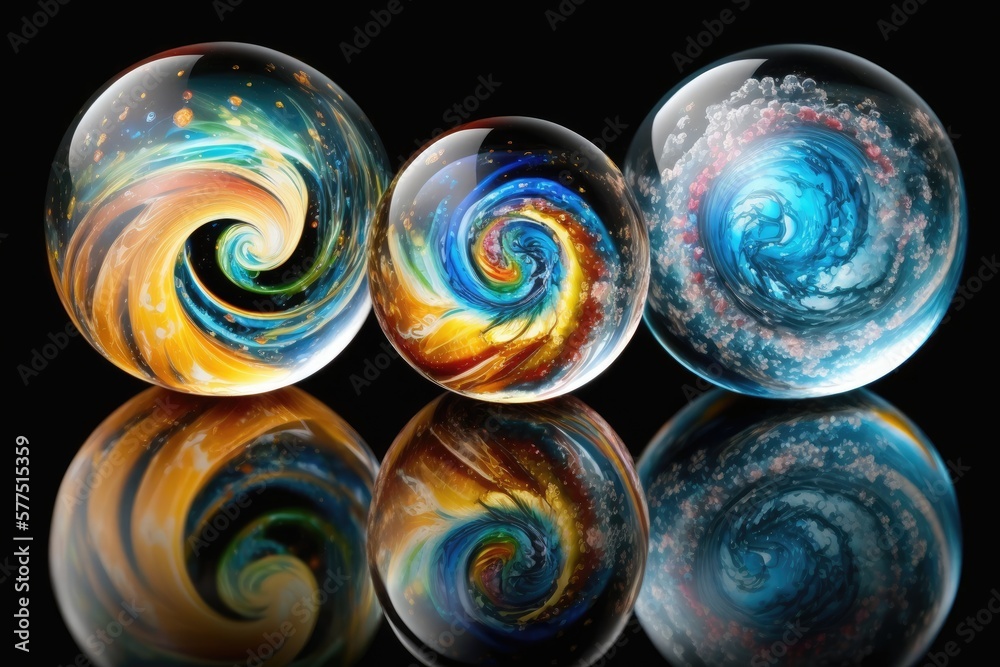 Shiny reflective marble with the cosmos. Sun, stars, planets and ...