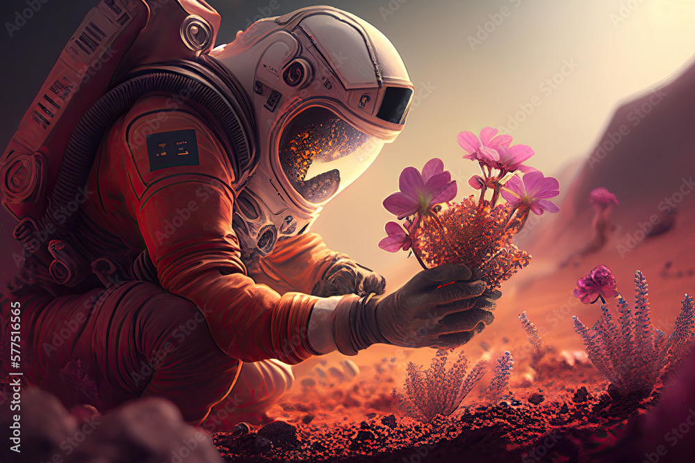 Alone astronaut in space suit seedling plant on surface of red planet ...