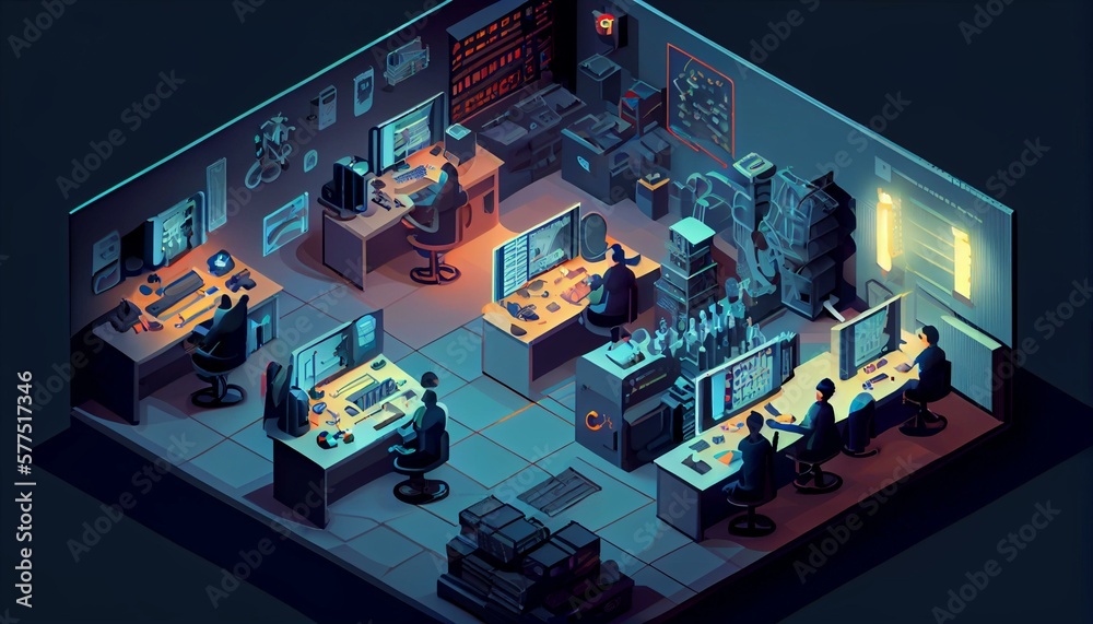 An Isometric View Of A Cybersecurity Command Center With A Team Of