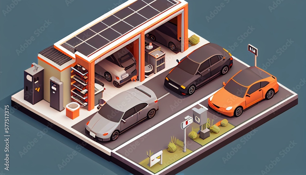 An isometric view of a garage with a smart car charging station and ...