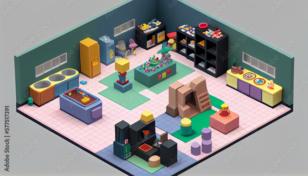An isometric view of a playroom with smart toys and games that adapt to ...