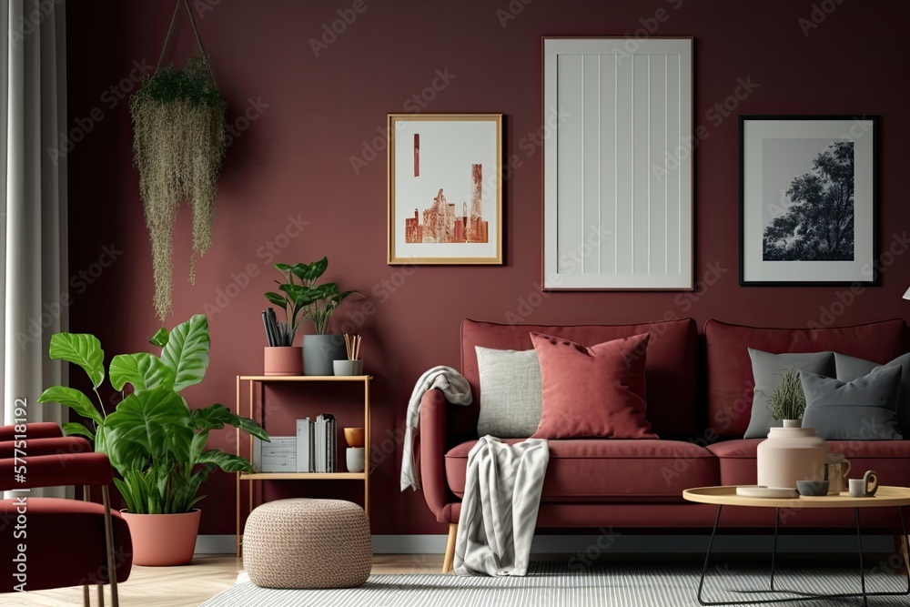 Interior of a minimalist living room in flat single pastel dark red ...
