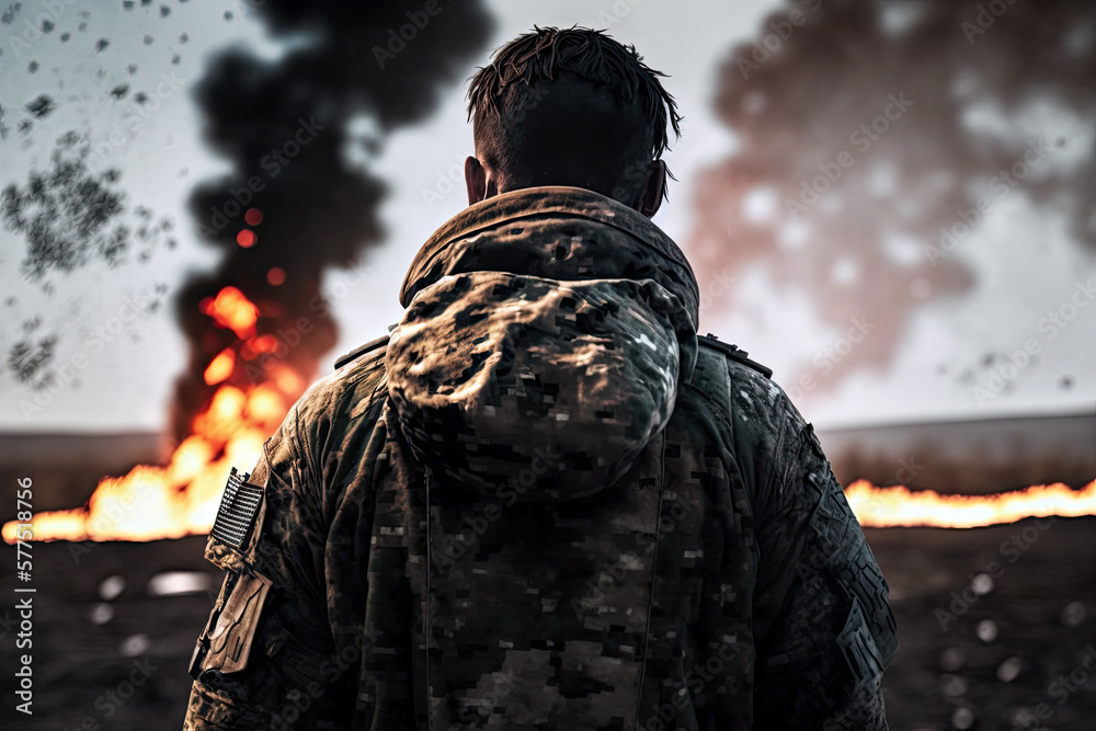 Generative AI illustration of a soldier with his back facing the fire ...