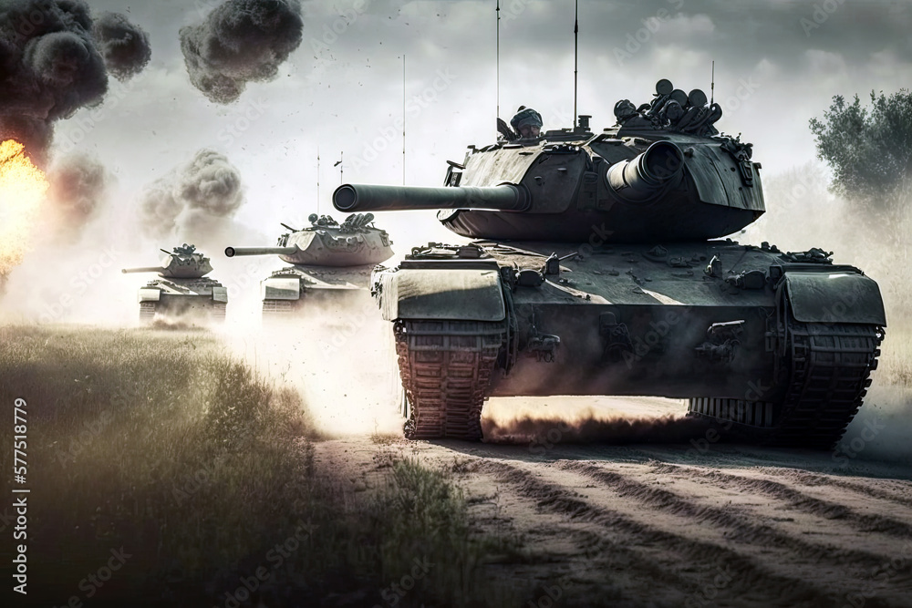 Generative AI illustration of a group of tanks firing their cannons on ...