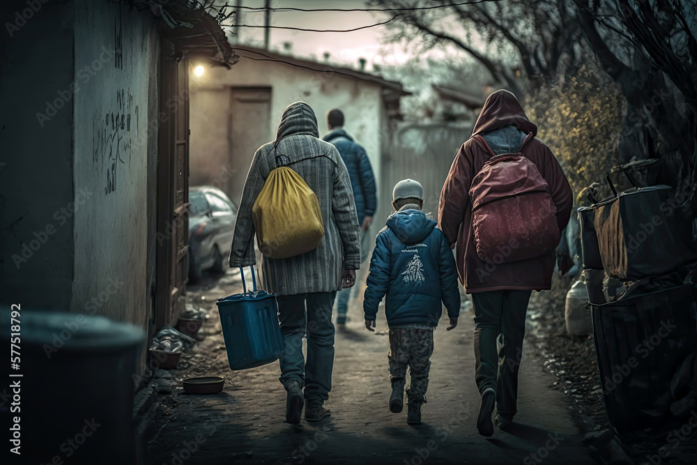 Generative AI illustration of a family of refugees and displaced by war ...