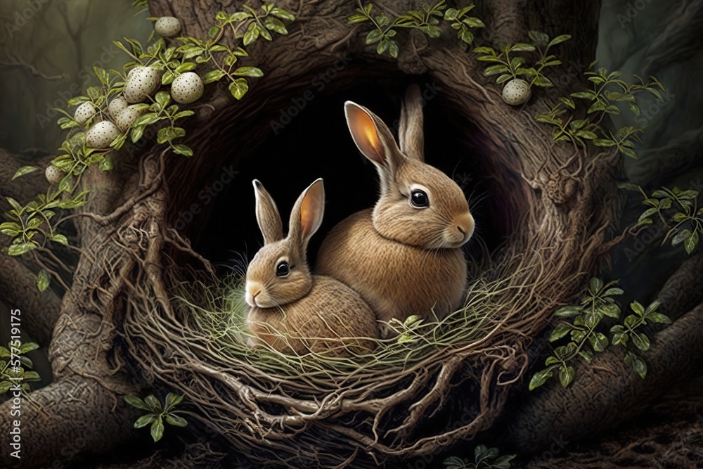 Easter rabbits incubate their eggs in nest on a tree, concept of ...