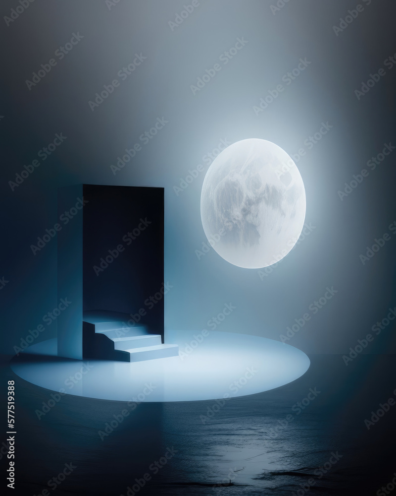 gentle glimmer of moonlight reflecting off fog. Podium, empty showcase ...