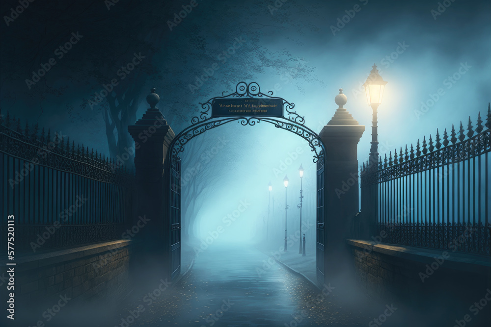 mysterious spooky open doors and gate at foggy night. generative ai ...