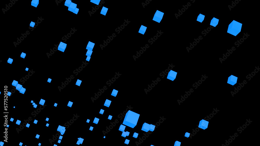 Black background. Design. White and blue cubes decrease and increase moving in different ...