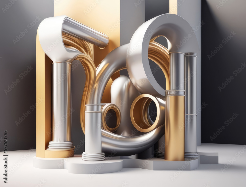 metallic pipe running through a building with intricate bends and ...
