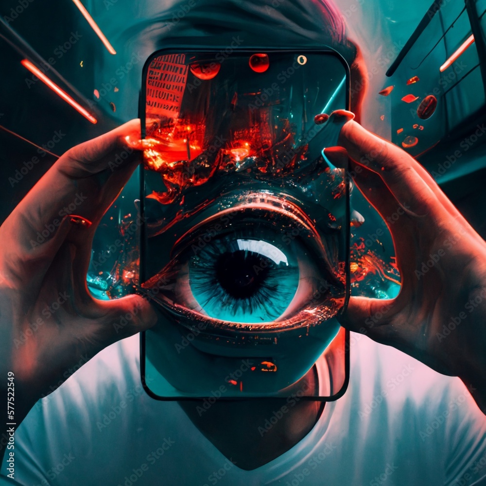 A man with a phone on his face on the screen of which is a photograph ...