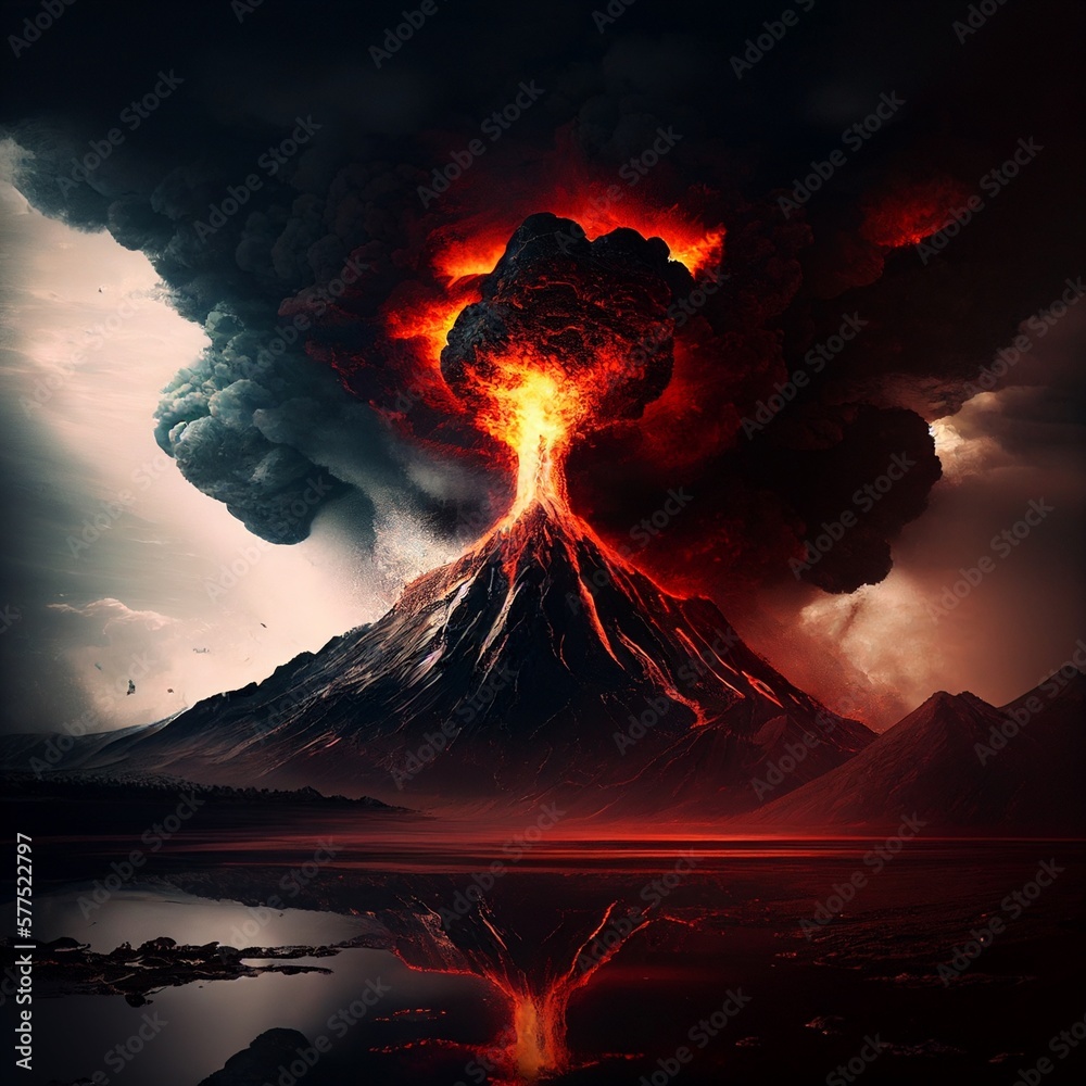 Ilustracja Stock: Erupting volcano with reflection on the water. Lava ...