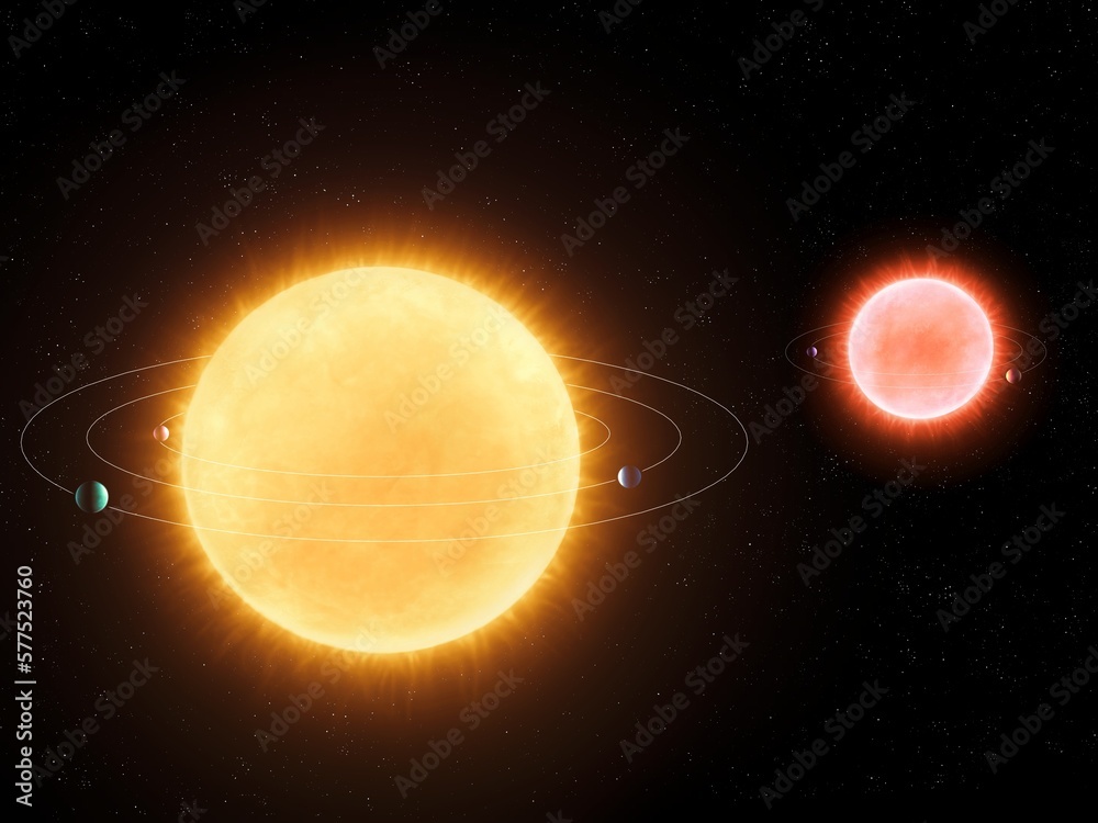 Double star system with exoplanets in space. Two suns with a common ... Double star system with exoplanets in space. Two suns with a common ...