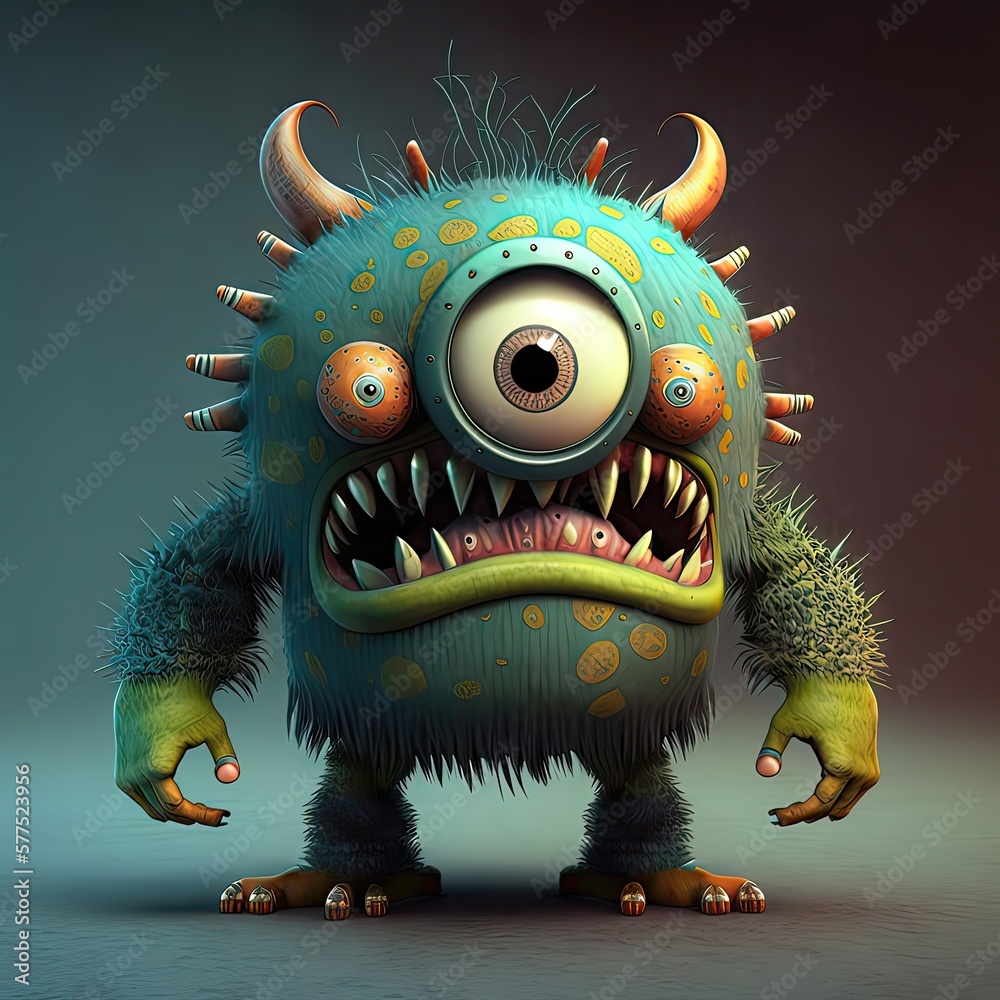 A small creepy yellow-blue monster looks surprised, in a cartoon style ...