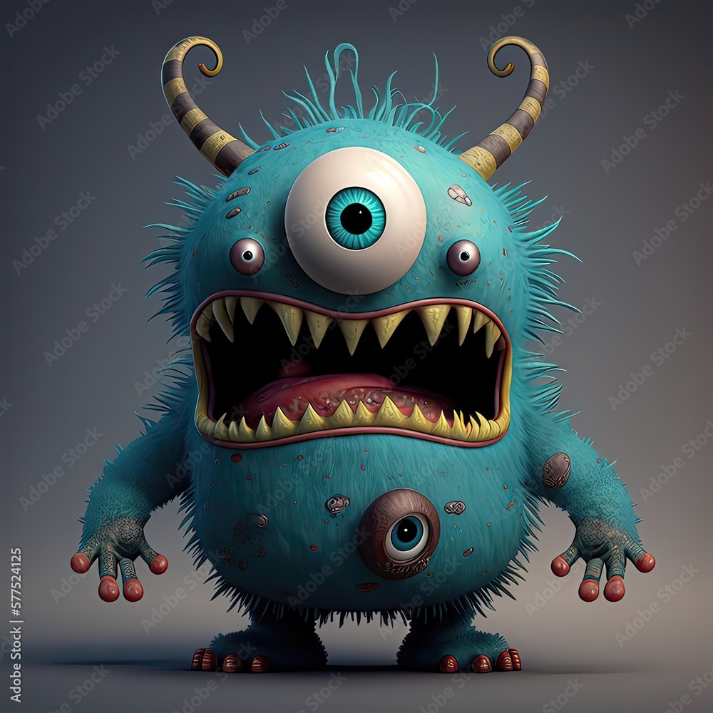 A small creepy blue monster looks strange, in a cartoon style on a blue ...