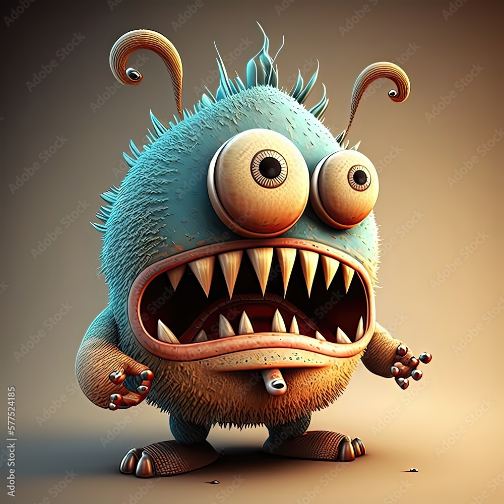 Little cute blue monster in a cartoon style on a brown background. Two ...
