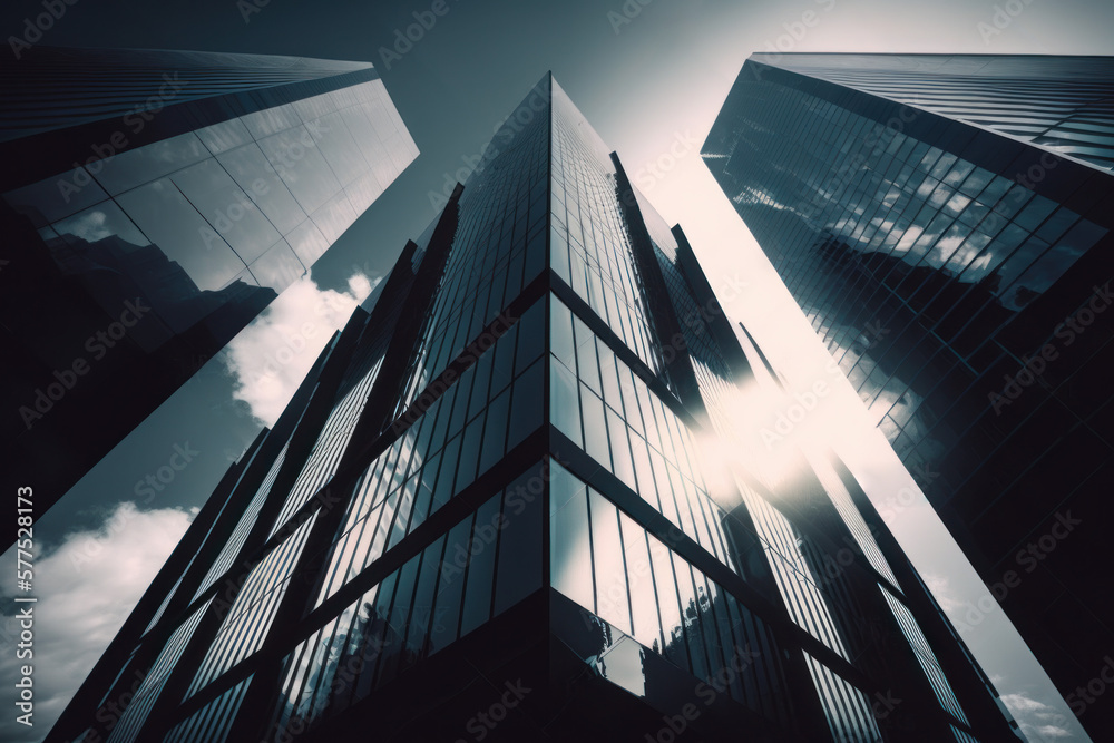 low angle shot of modern tall open glass structure business office ...