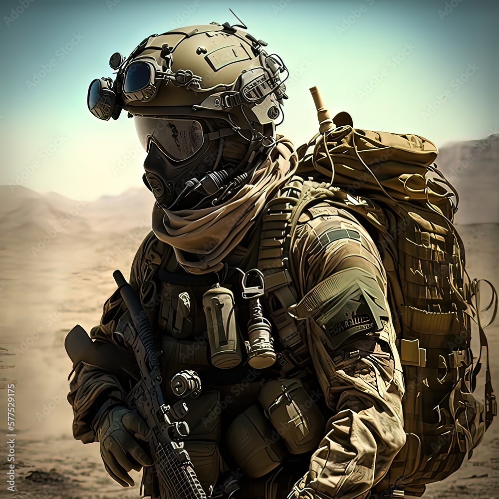 Elite soldier in a closed helmet. Military conflict, soldier in full ...