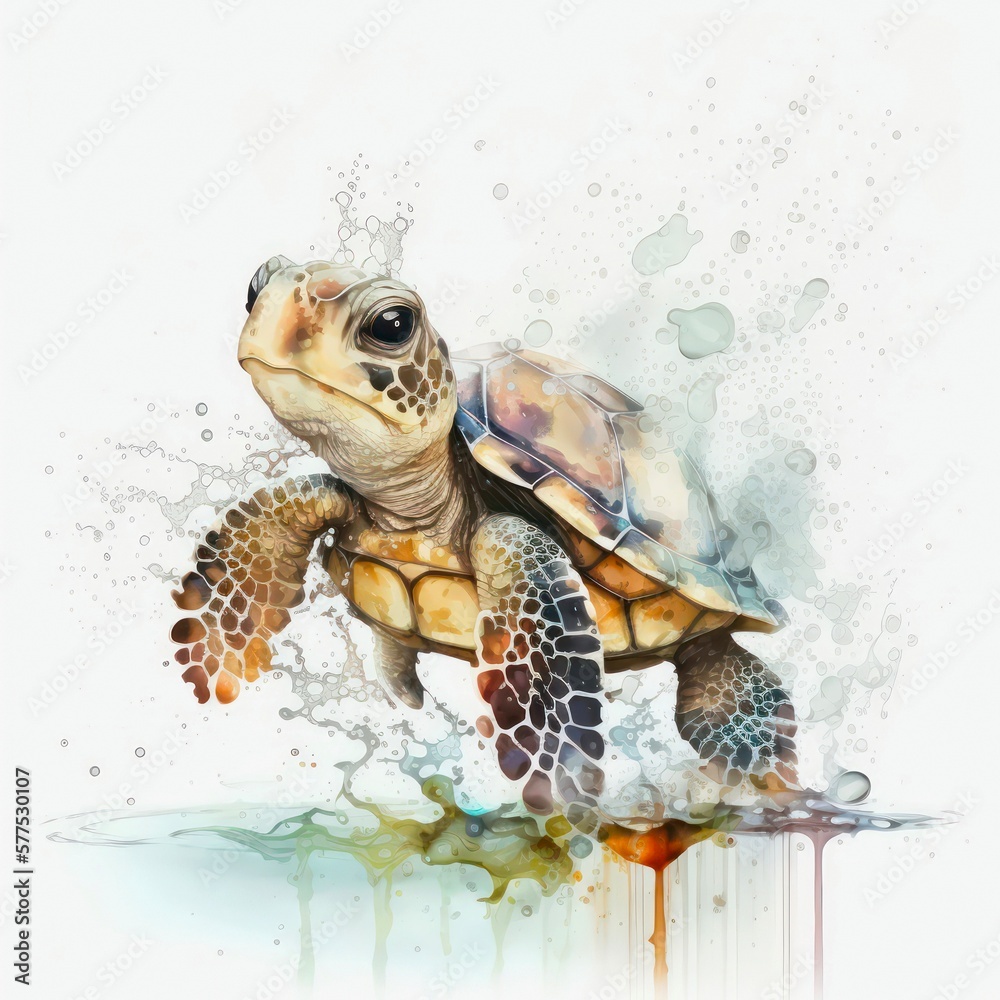 Watercolor illustration of a colorful turtle. Abstract drawing with ...