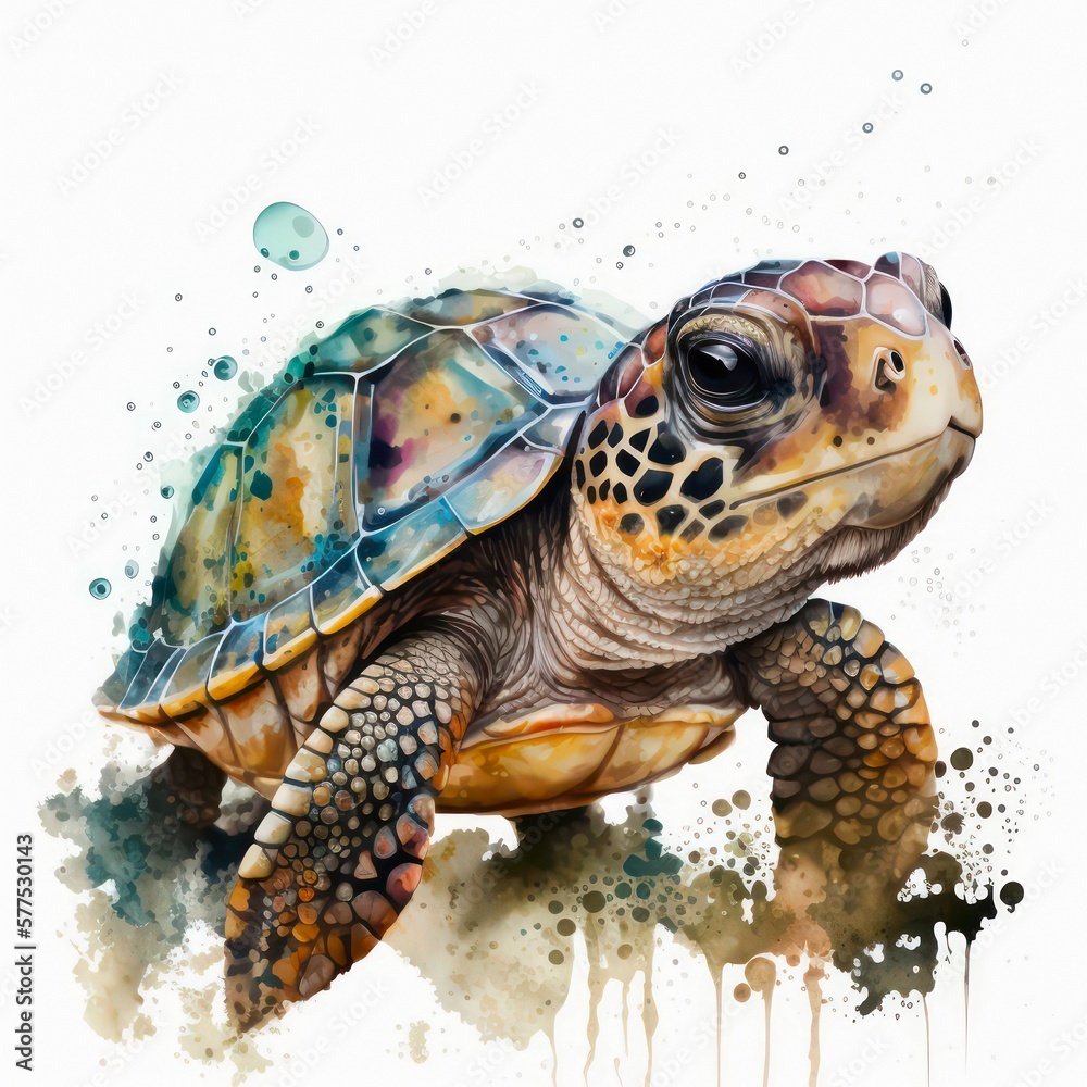 Watercolor illustration of a colorful turtle. Abstract drawing with ...