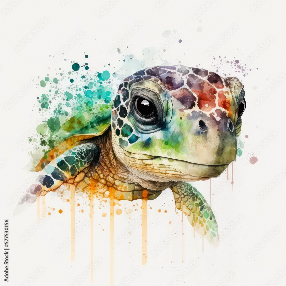 Watercolor illustration of a colorful turtle. Abstract drawing with ...
