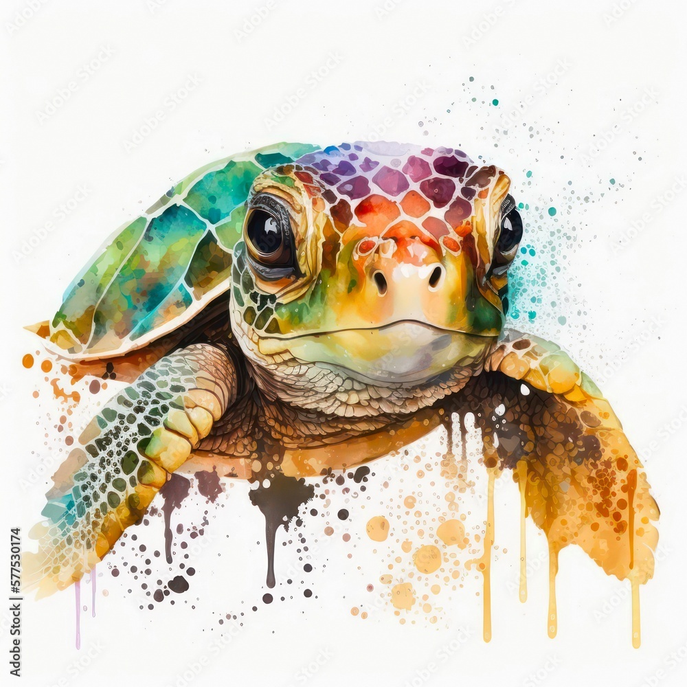 Watercolor illustration of a colorful turtle. Abstract drawing with ...
