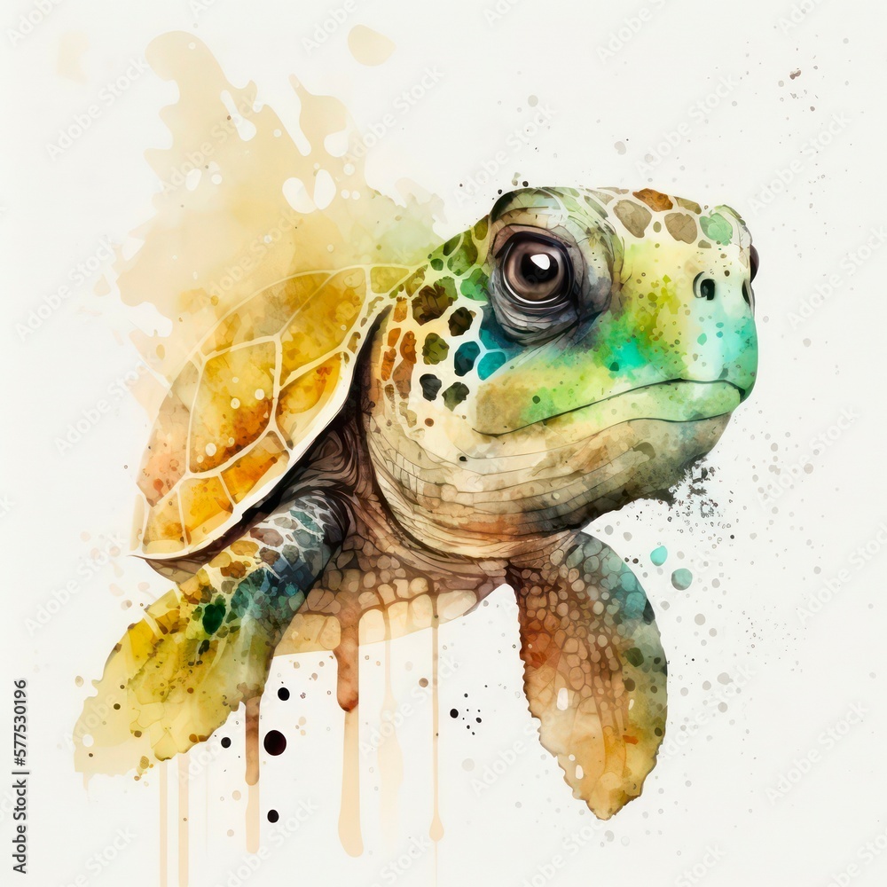 Watercolor illustration of a colorful turtle. Abstract drawing with ...
