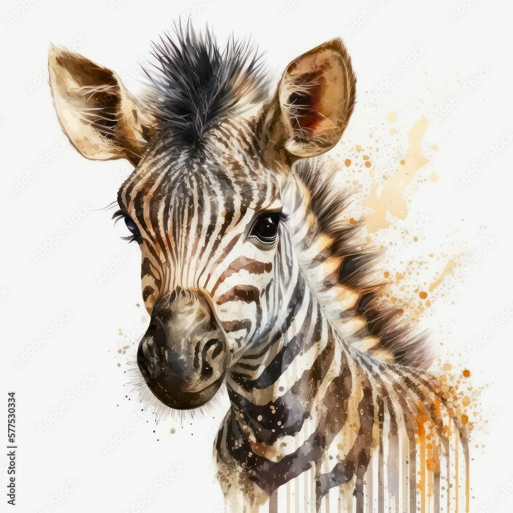 Watercolor illustration of a cute zebra on white background. Pretty ...